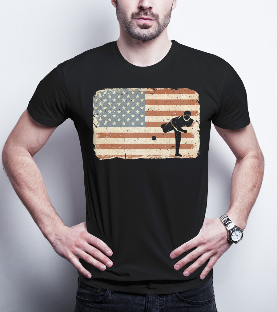 Vintage Baseball Pitcher Silhouette With American Flag Background T-Shirt