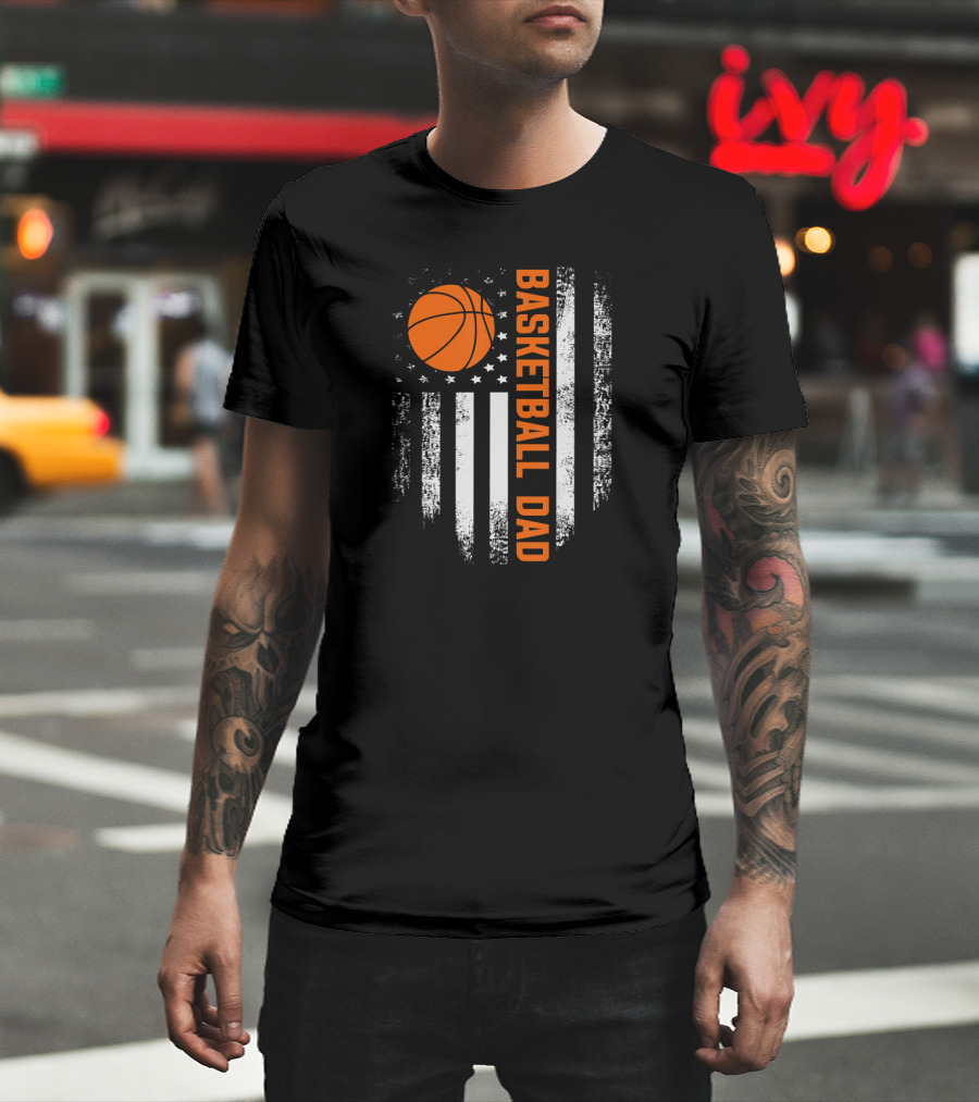 Vintage Basketball Dad American Flag Vertical Stripes And Orange Ball T-Shirt