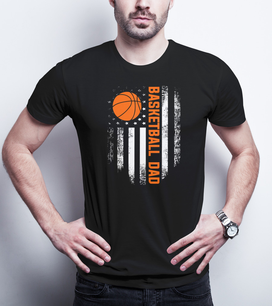 Vintage Basketball Dad American Flag Vertical Stripes And Orange Ball T-Shirt