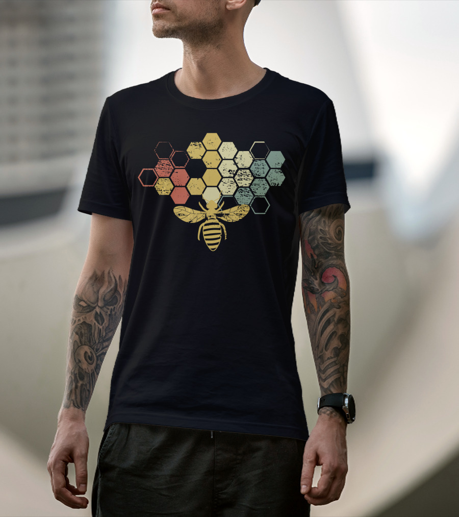 Vintage Beekeeper Honey Bee Retro Hexagonal Honeycomb T-Shirt