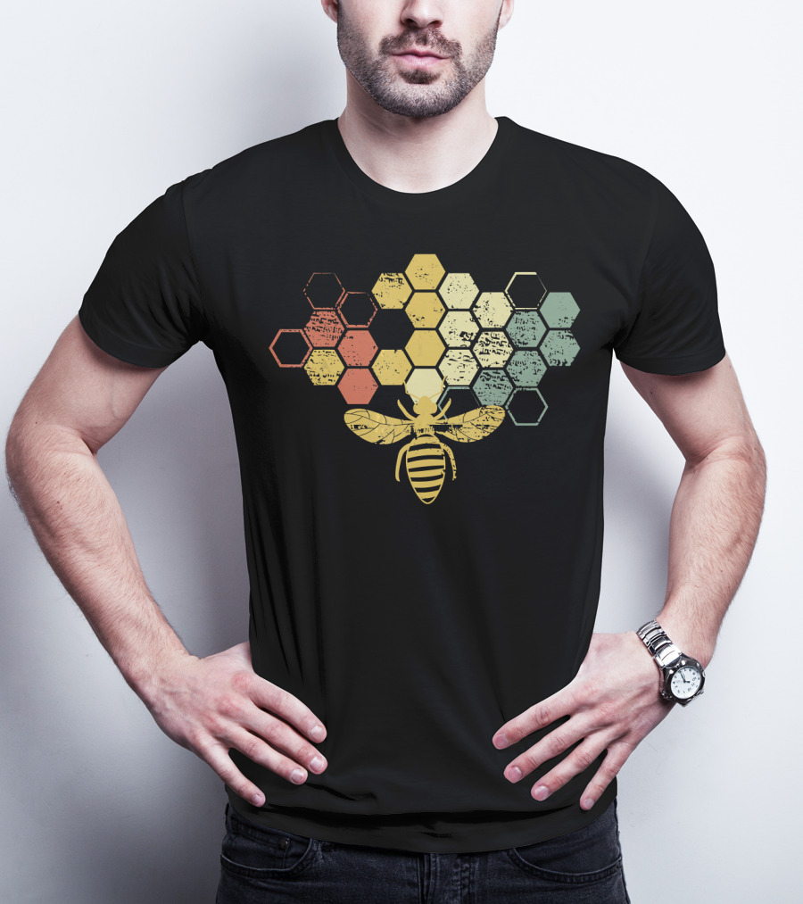 Vintage Beekeeper Honey Bee Retro Hexagonal Honeycomb T-Shirt