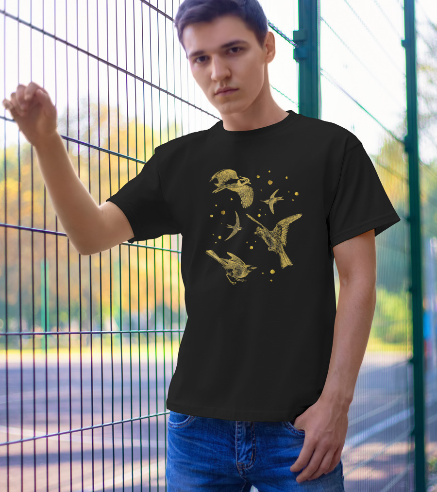 Vintage Flying Birds Humming Sparrow Gold T-Shirt