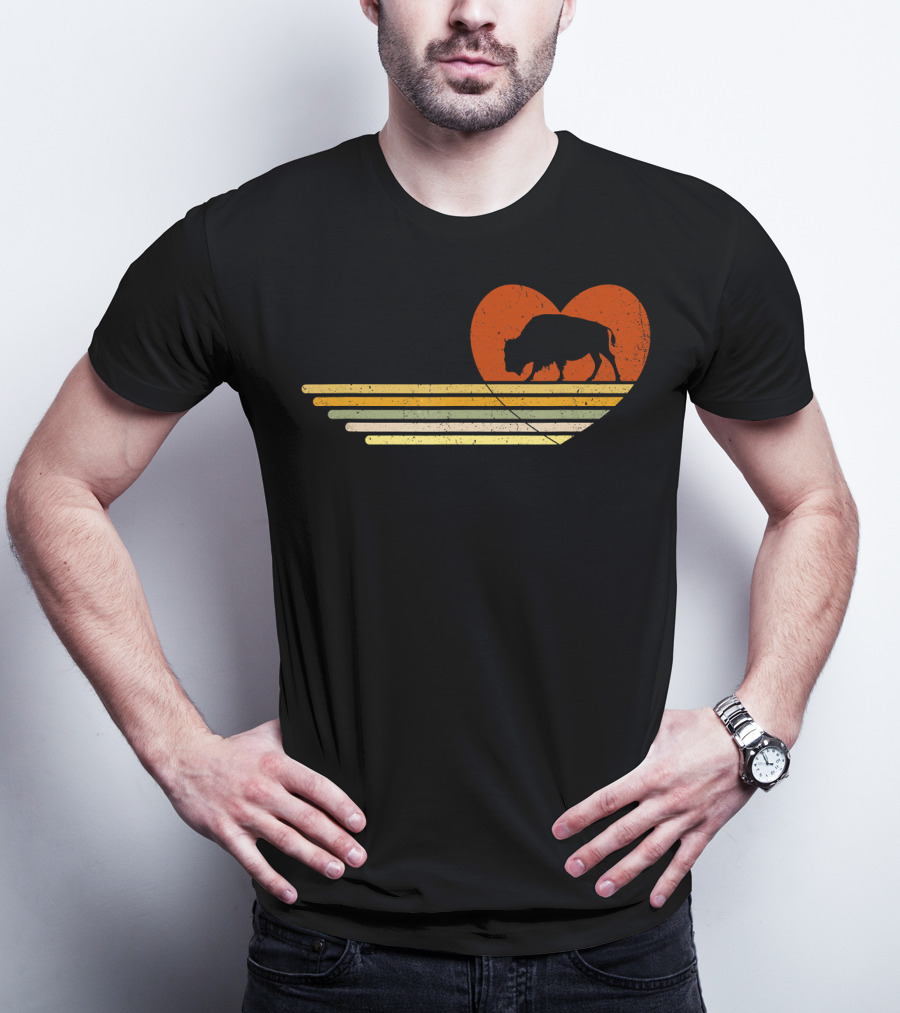 Vintage Bison Heart Retro Sunset Stripes T-Shirt