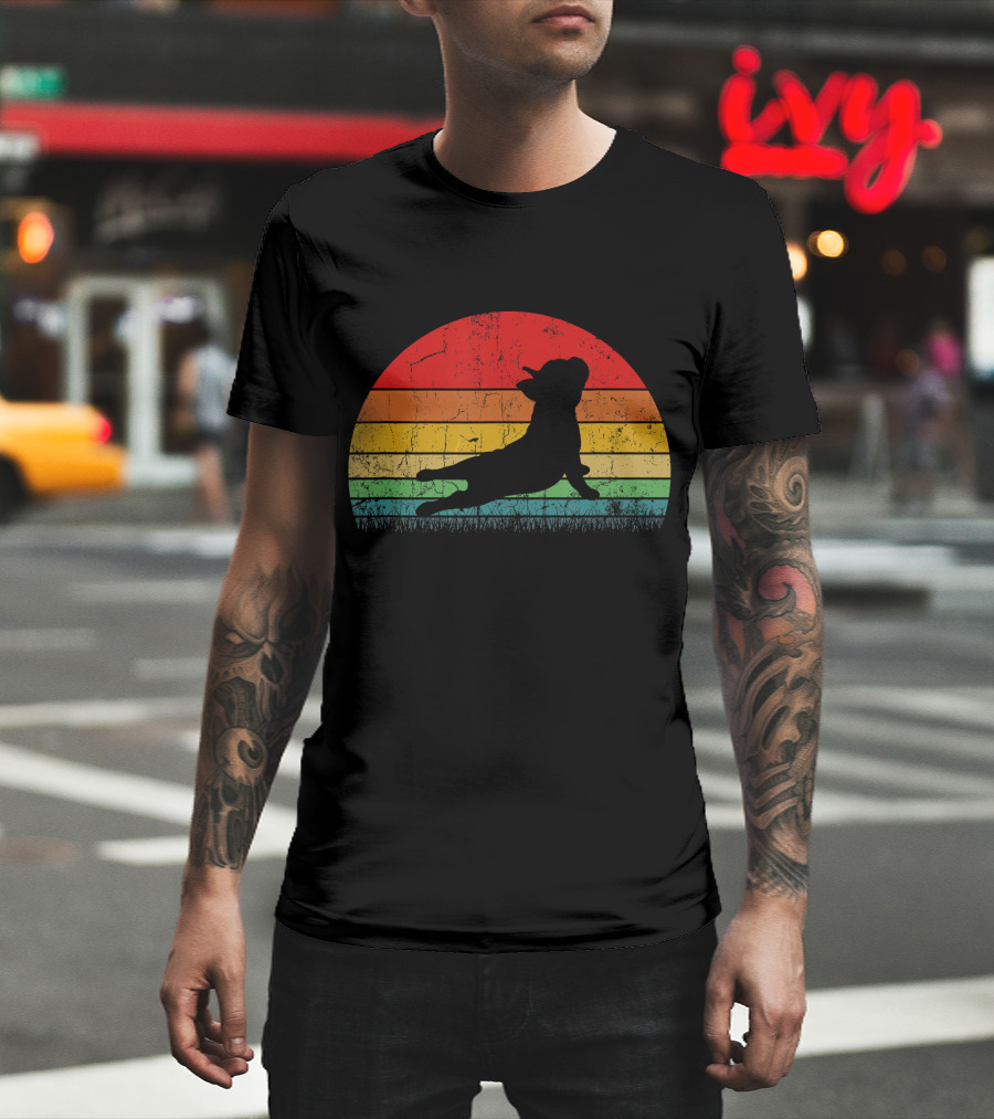Vintage Yoga Bulldog Silhouette Sunset Frenchie T-Shirt