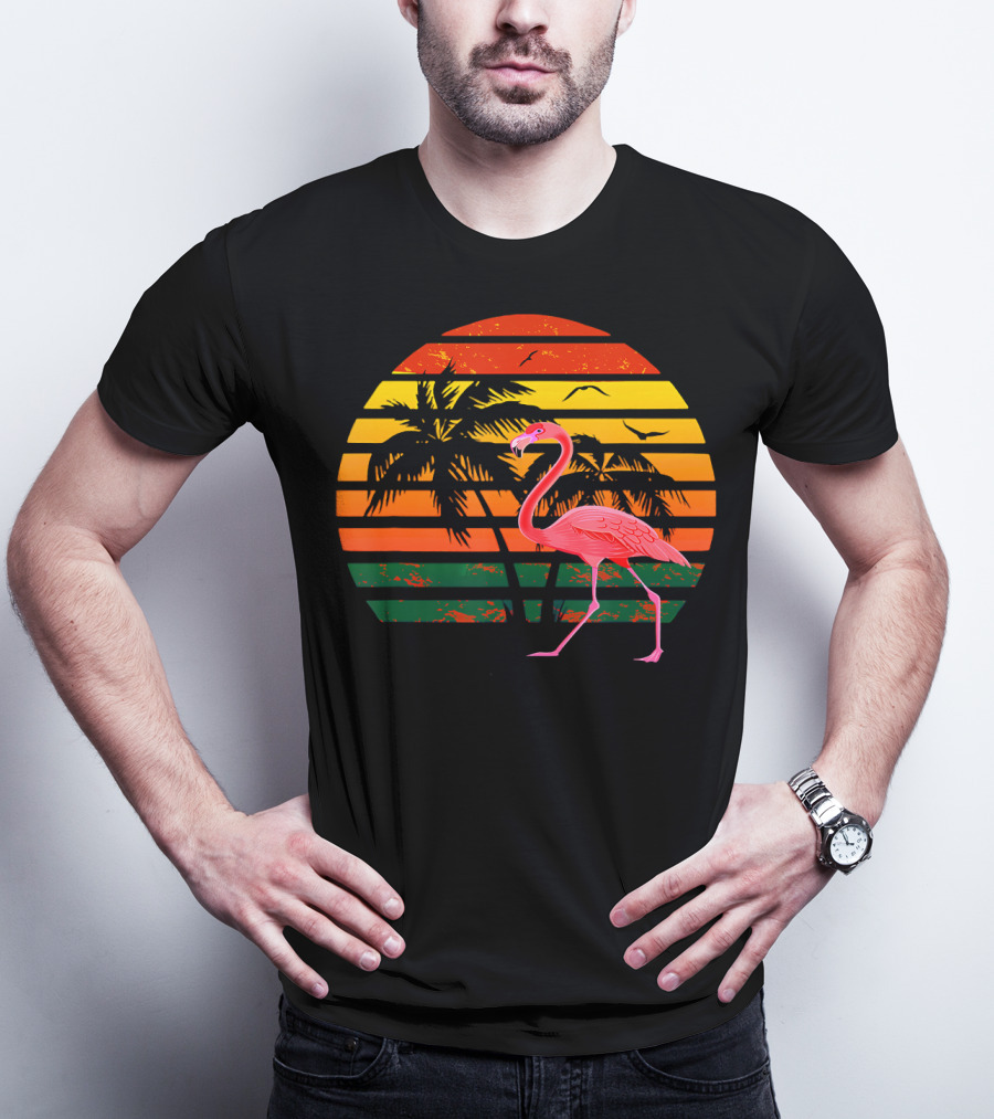 Vintage Flamingo Bird Tropical Sunset With Palm Trees And Birds T-Shirt