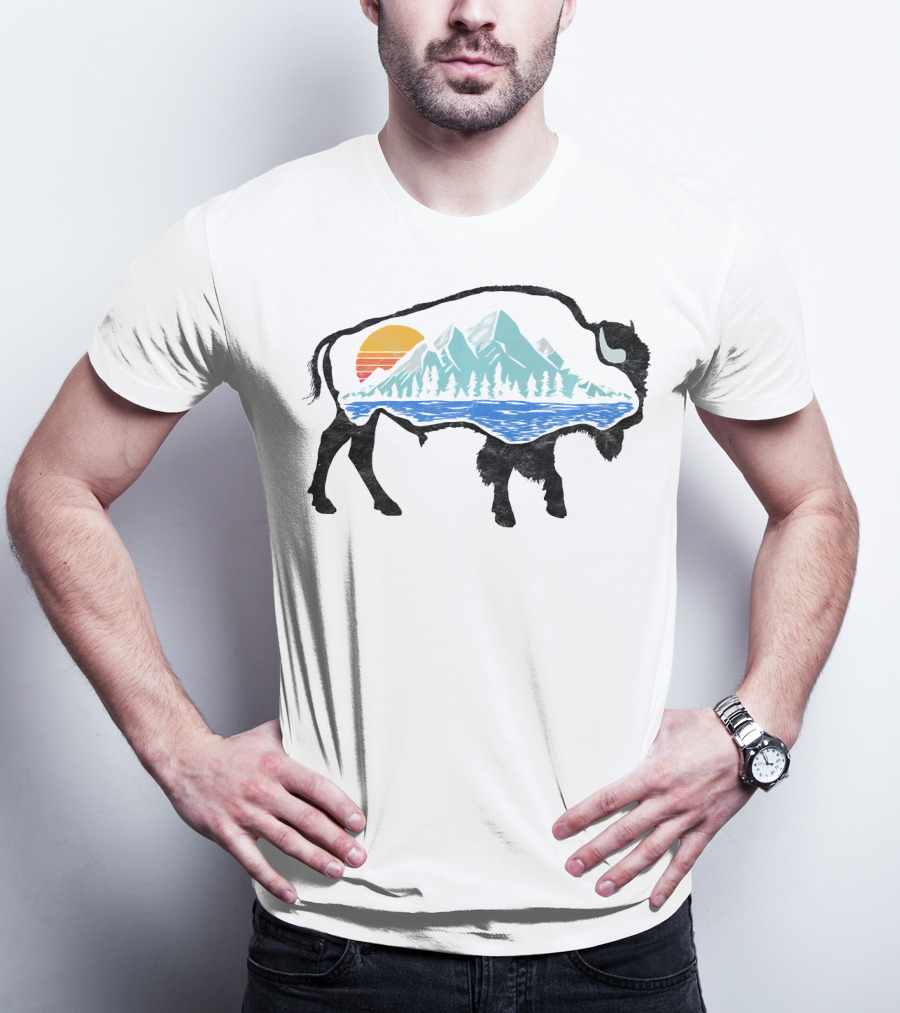 Vintage National Park Landscape Bison Mountain Sunset T-Shirt