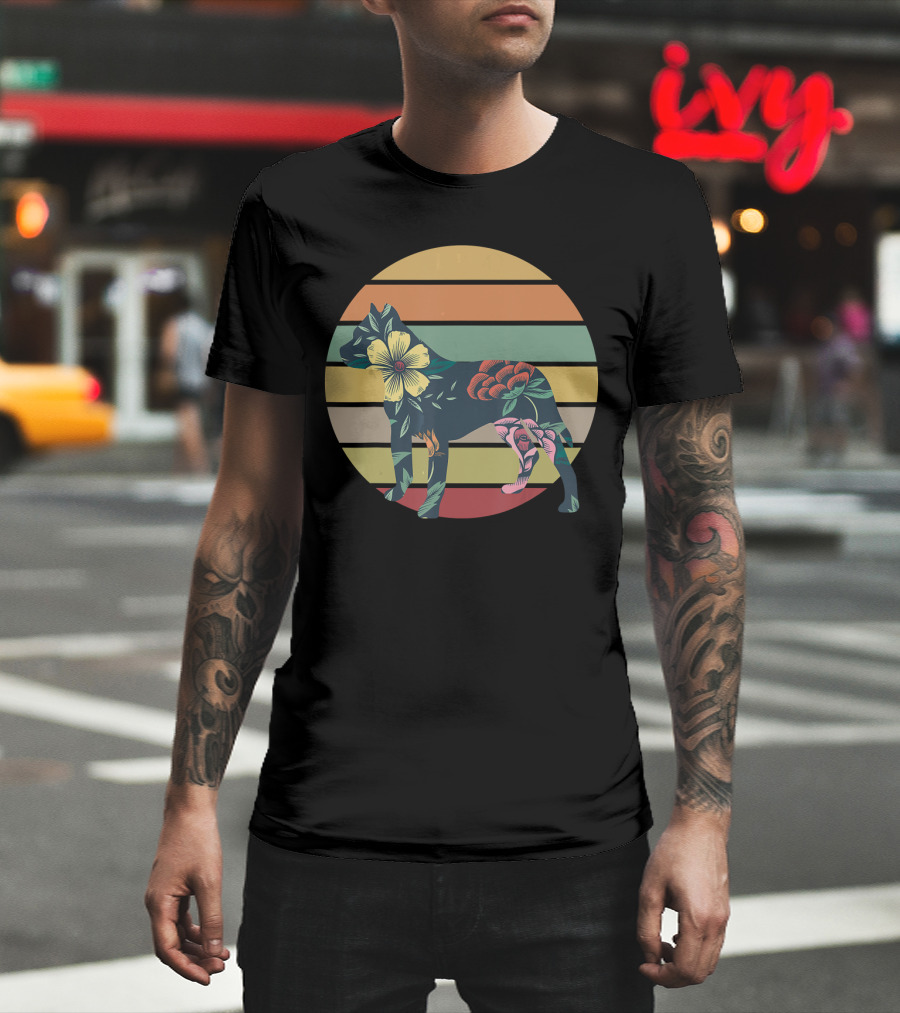 Vintage Floral Pitbull Silhouette Sunset Stripes T-Shirt