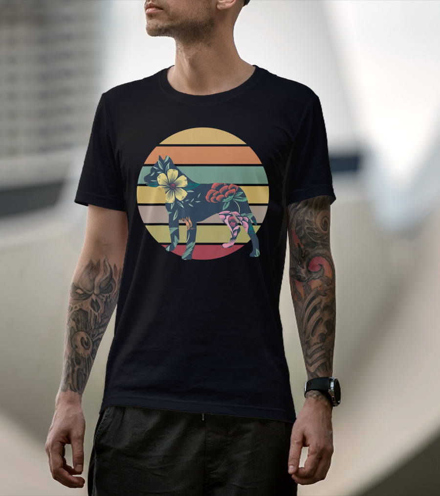 Vintage Floral Pitbull Silhouette Sunset Stripes T-Shirt