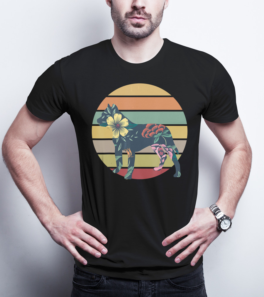Vintage Floral Pitbull Silhouette Sunset Stripes T-Shirt