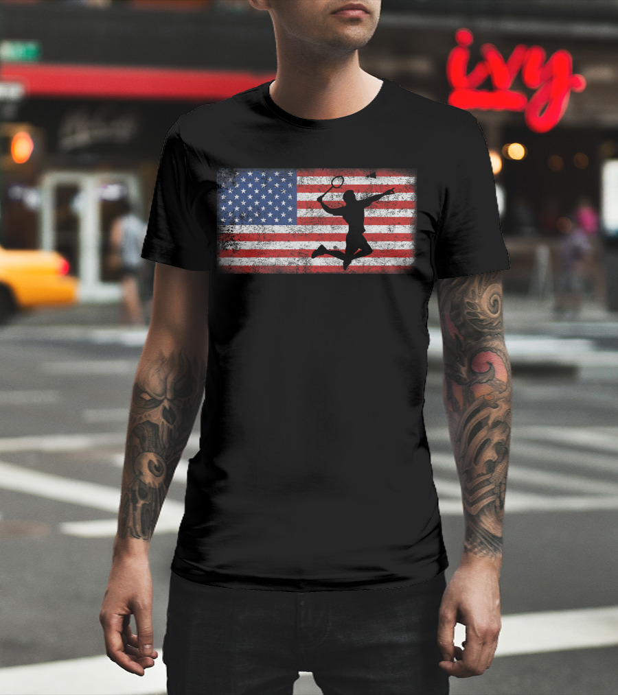 Vintage American Flag Badminton Player Silhouette Jumping Over T-Shirt
