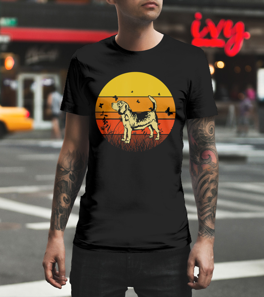 Vintage Beagle Sun With Butterflies And Grass T-Shirt
