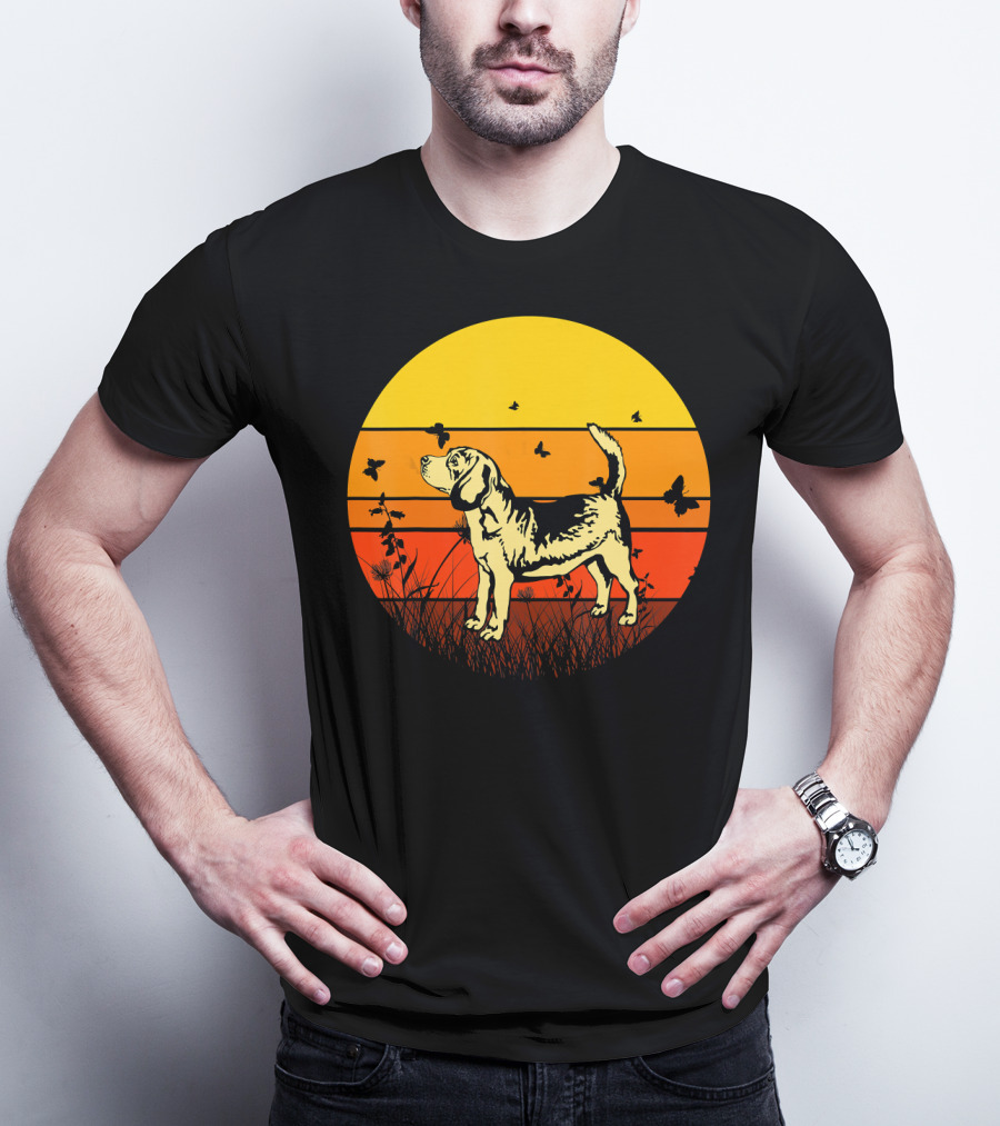 Vintage Beagle Sun With Butterflies And Grass T-Shirt