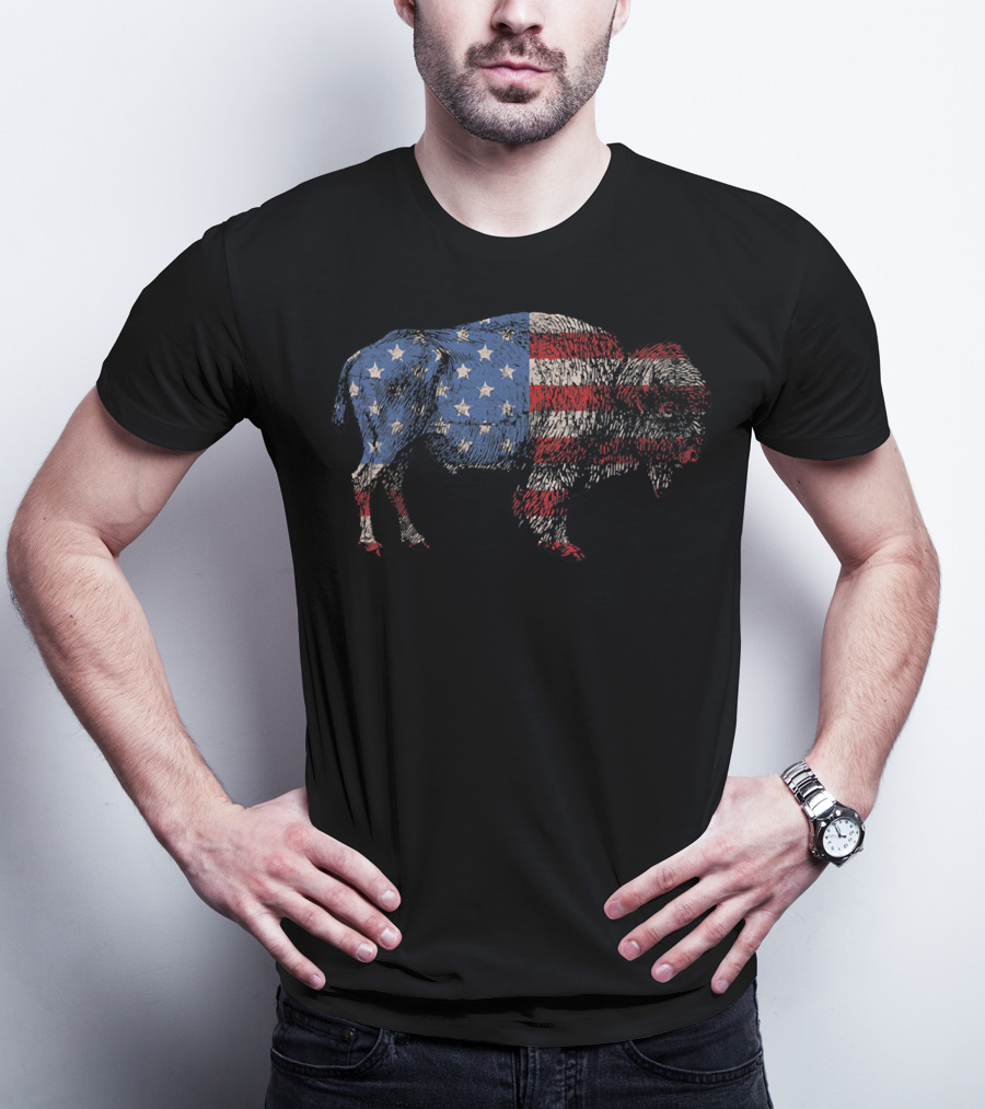 Vintage American Flag Bison Buffalo Patriotic T-Shirt