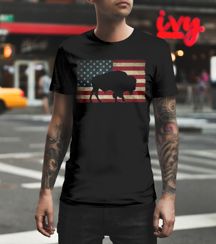 Vintage Buffalo Silhouette Over American Flag USA T-Shirt
