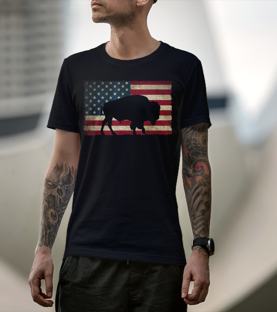 Vintage Buffalo Silhouette Over American Flag USA T-Shirt