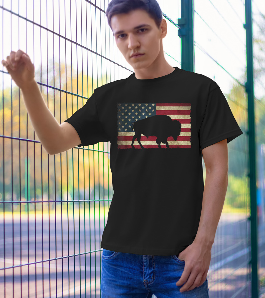 Vintage Buffalo Silhouette Over American Flag USA T-Shirt