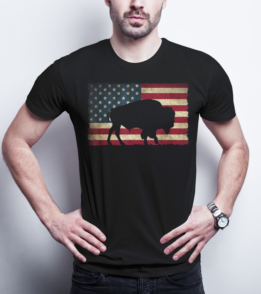 Vintage Buffalo Silhouette Over American Flag USA T-Shirt