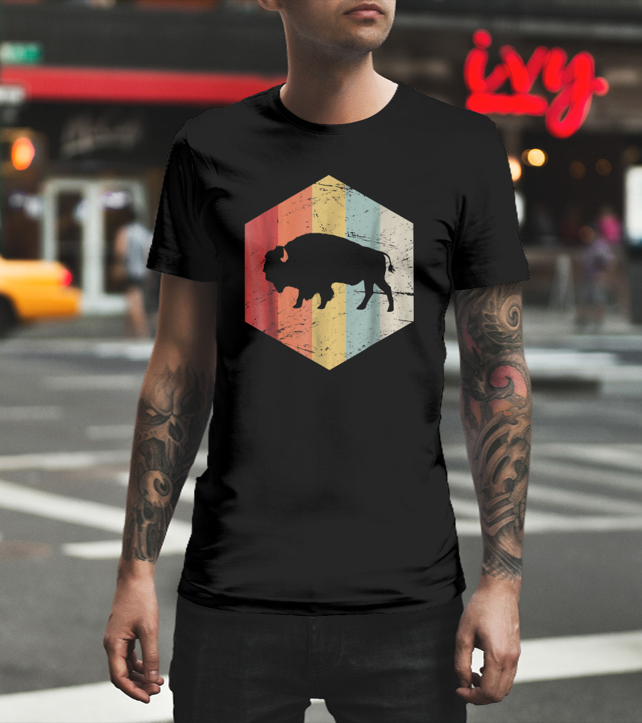 Vintage Buffalo Silhouette Retro Stripes Hexagon T-Shirt