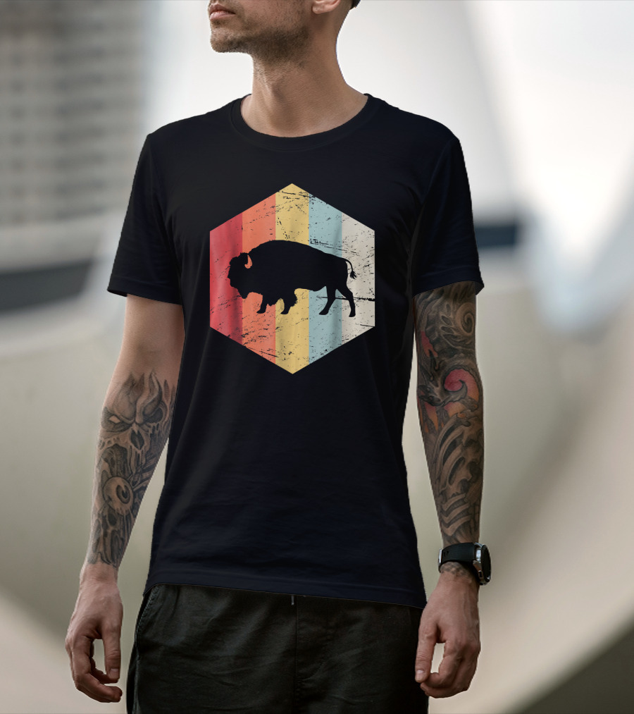 Vintage Buffalo Silhouette Retro Stripes Hexagon T-Shirt