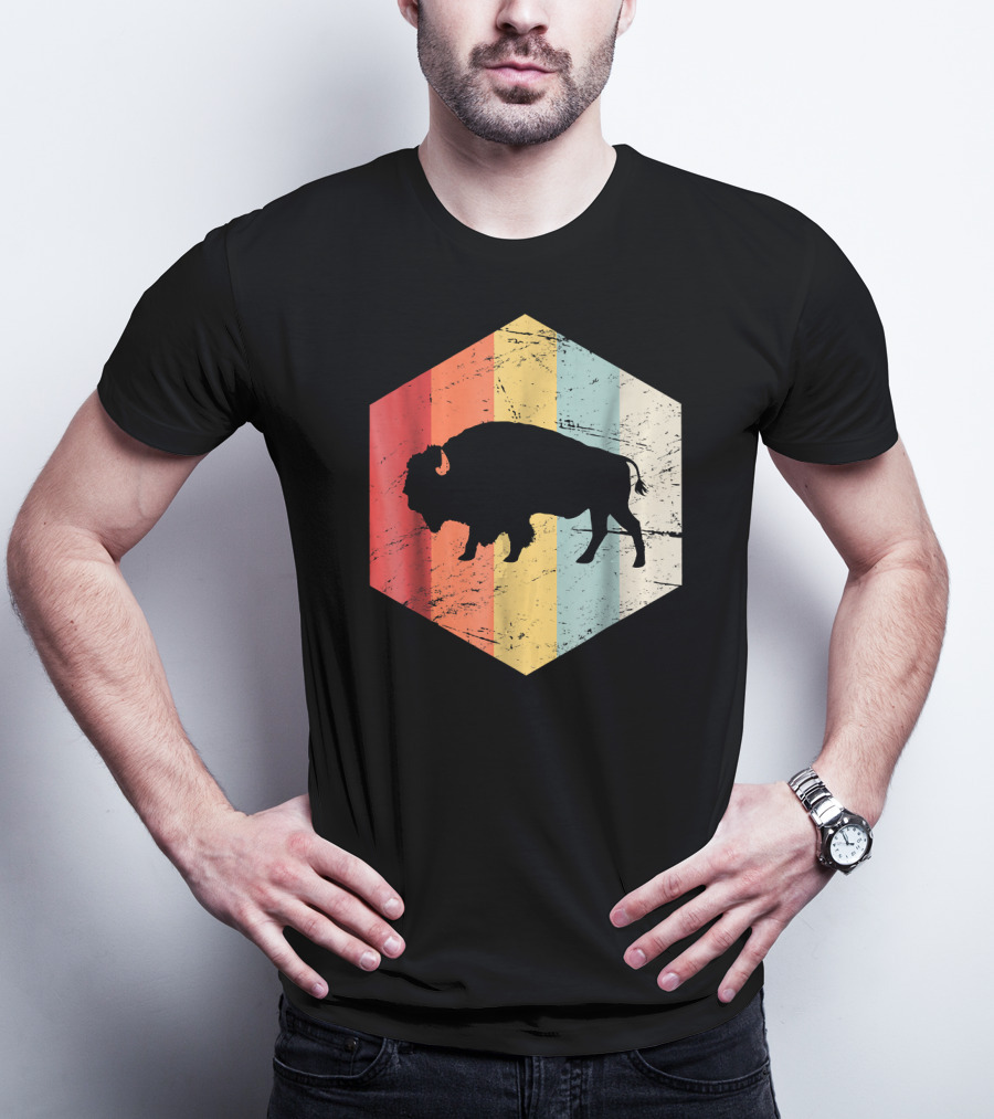 Vintage Buffalo Silhouette Retro Stripes Hexagon T-Shirt