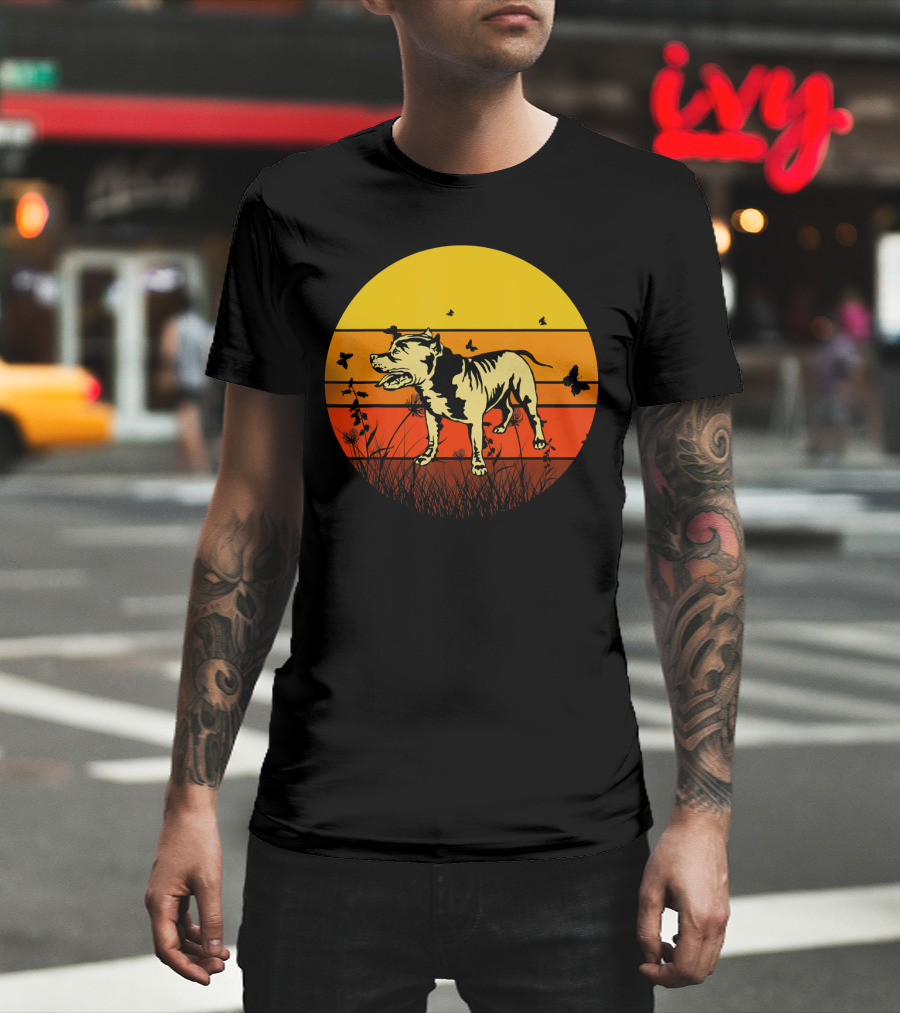 Vintage Pitbull Sun Animal With Butterflies And Birds T-Shirt