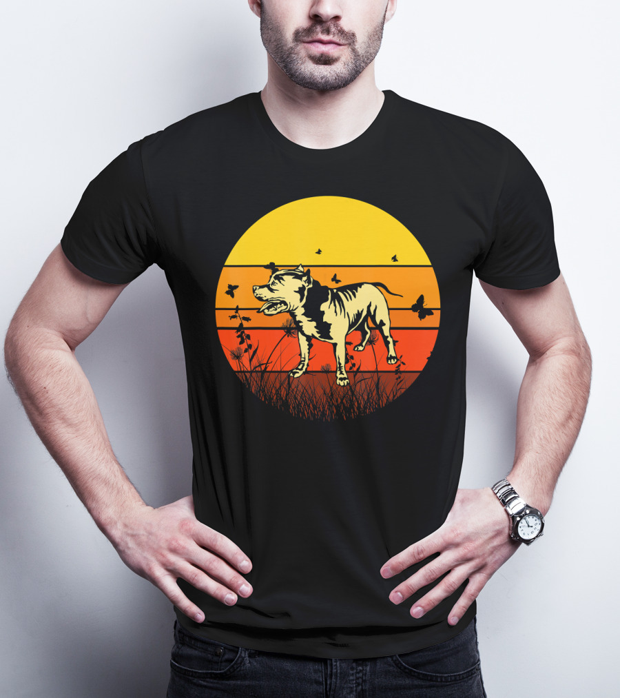 Vintage Pitbull Sun Animal With Butterflies And Birds T-Shirt