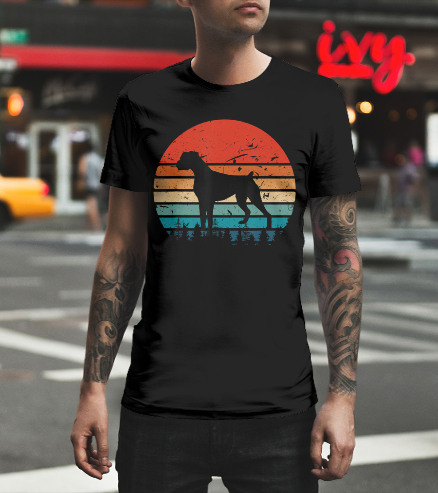Vintage Boxer Dog Silhouette Retro Sunset Stripes Forest Scene T-Shirt