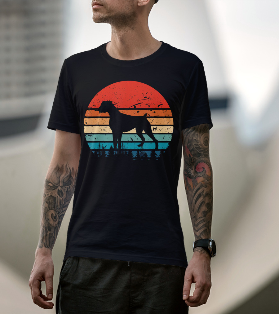 Vintage Boxer Dog Silhouette Retro Sunset Stripes Forest Scene T-Shirt