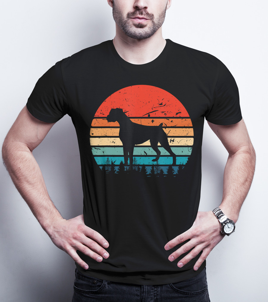 Vintage Boxer Dog Silhouette Retro Sunset Stripes Forest Scene T-Shirt