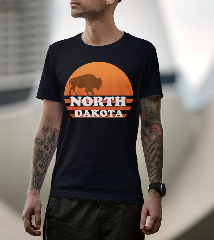 Vintage Sunset North Dakota 70s 80s Retro Buffalo T-Shirt