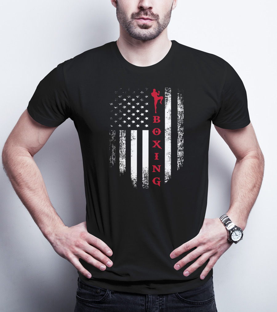 Vintage USA Flag Black And White With Red Boxing Kick Martial Arts T-Shirt