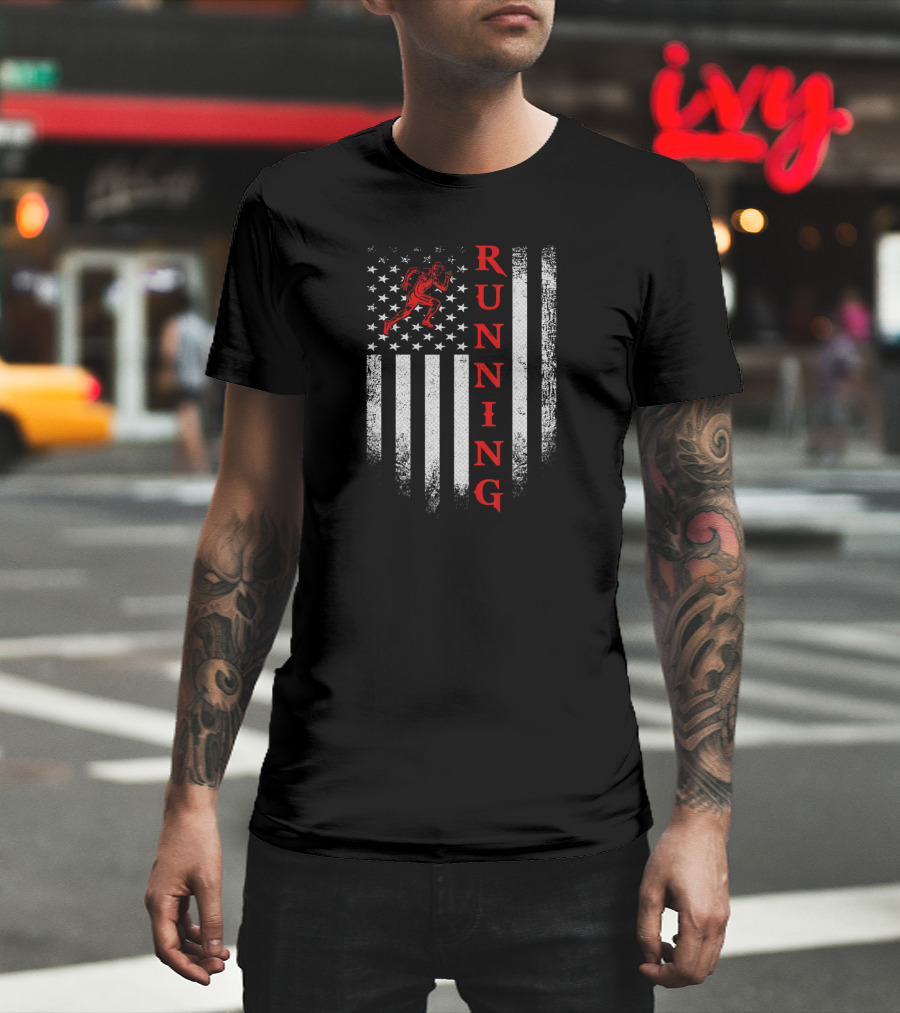 Vintage USA Running American Flag Stars Stripes Funny Pat T-Shirt