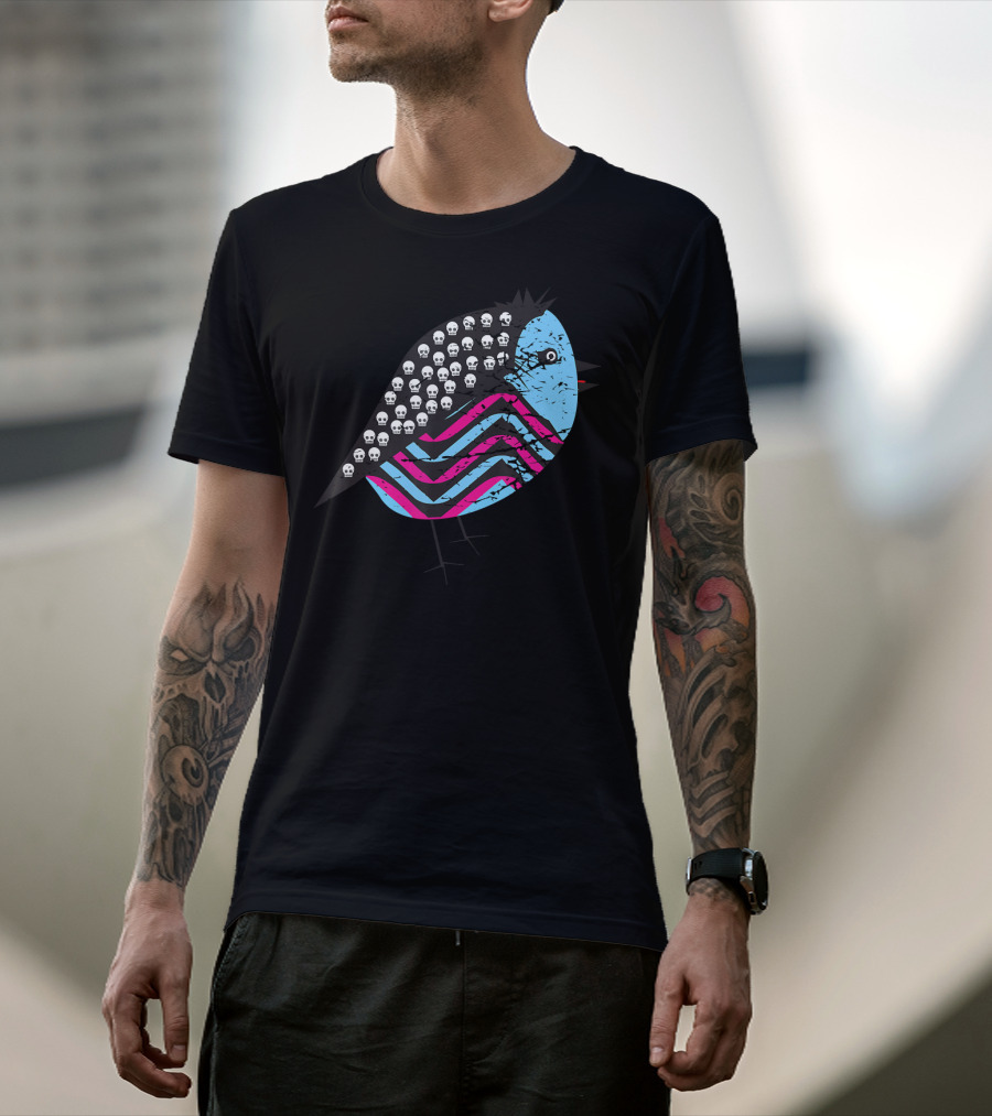 Weird Monster Tiny Bird With Skulls And Colorful Stripes T-Shirt
