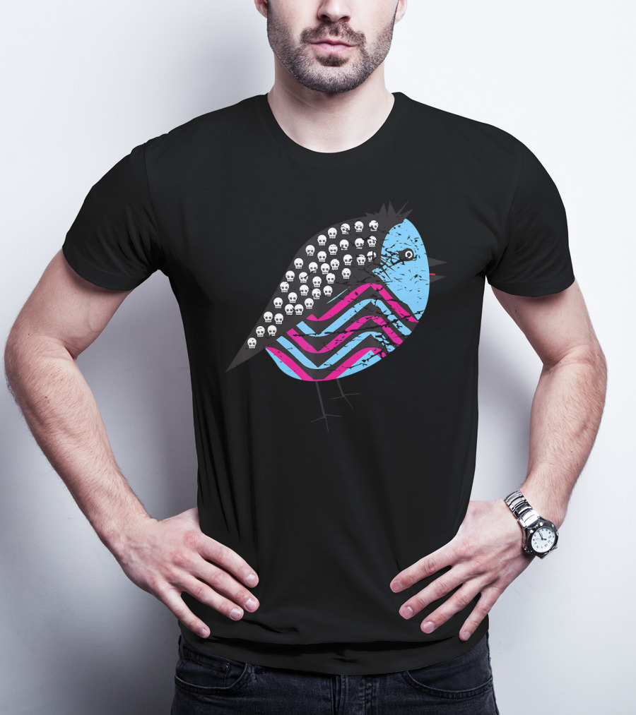 Weird Monster Tiny Bird With Skulls And Colorful Stripes T-Shirt