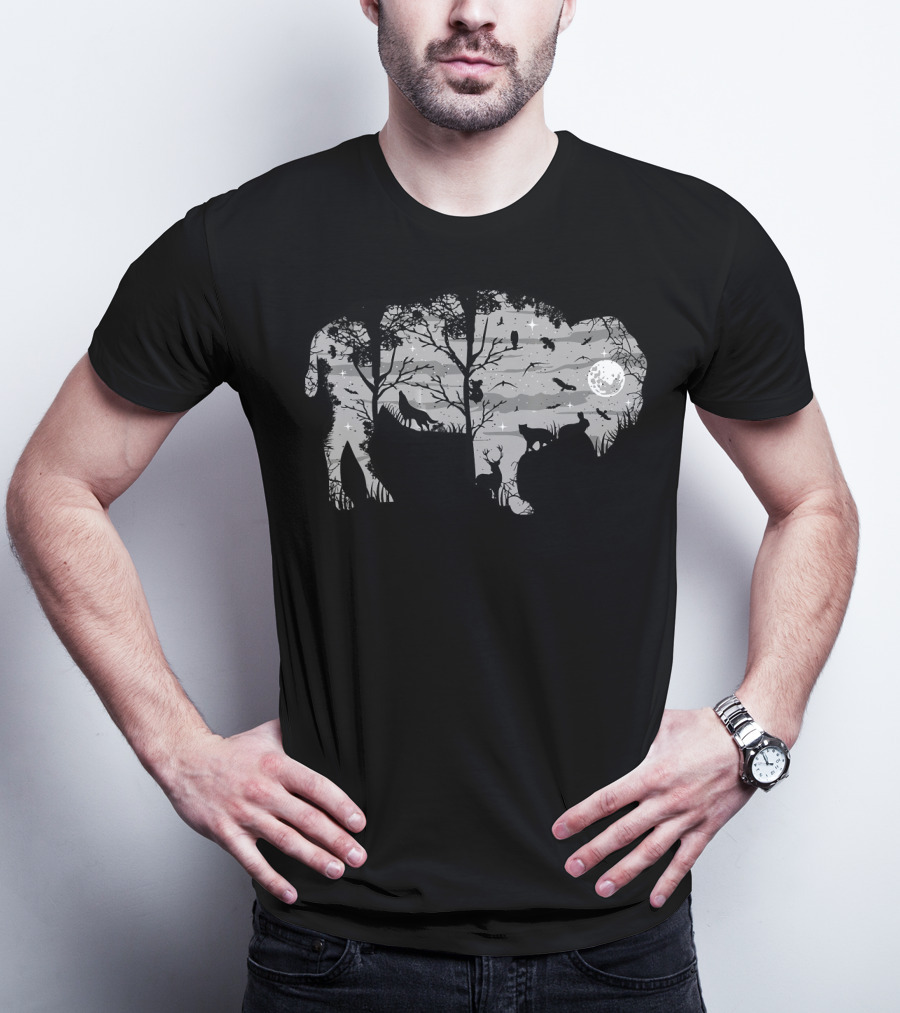 Wild Bison American Buffalo Wilderness Moonlit Forest Scene T-Shirt