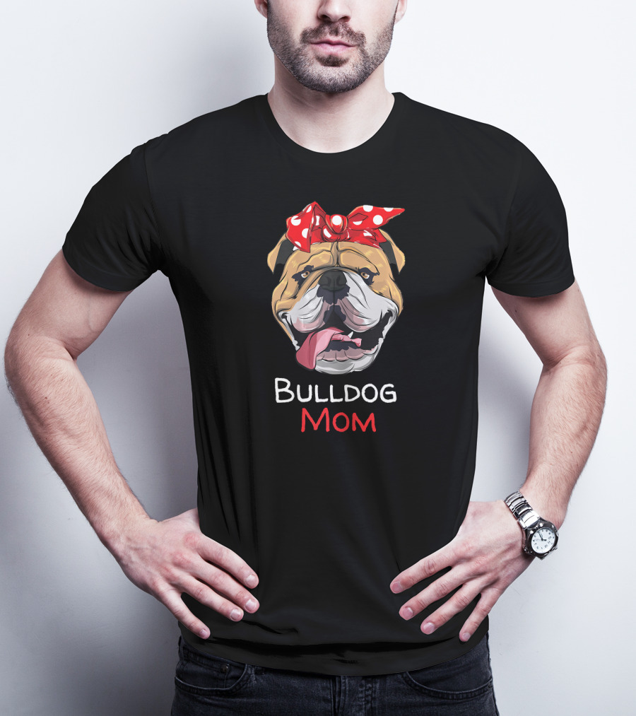 Bulldog Mom Funny English Bulldog With Red Polka Dot Bow T-Shirt