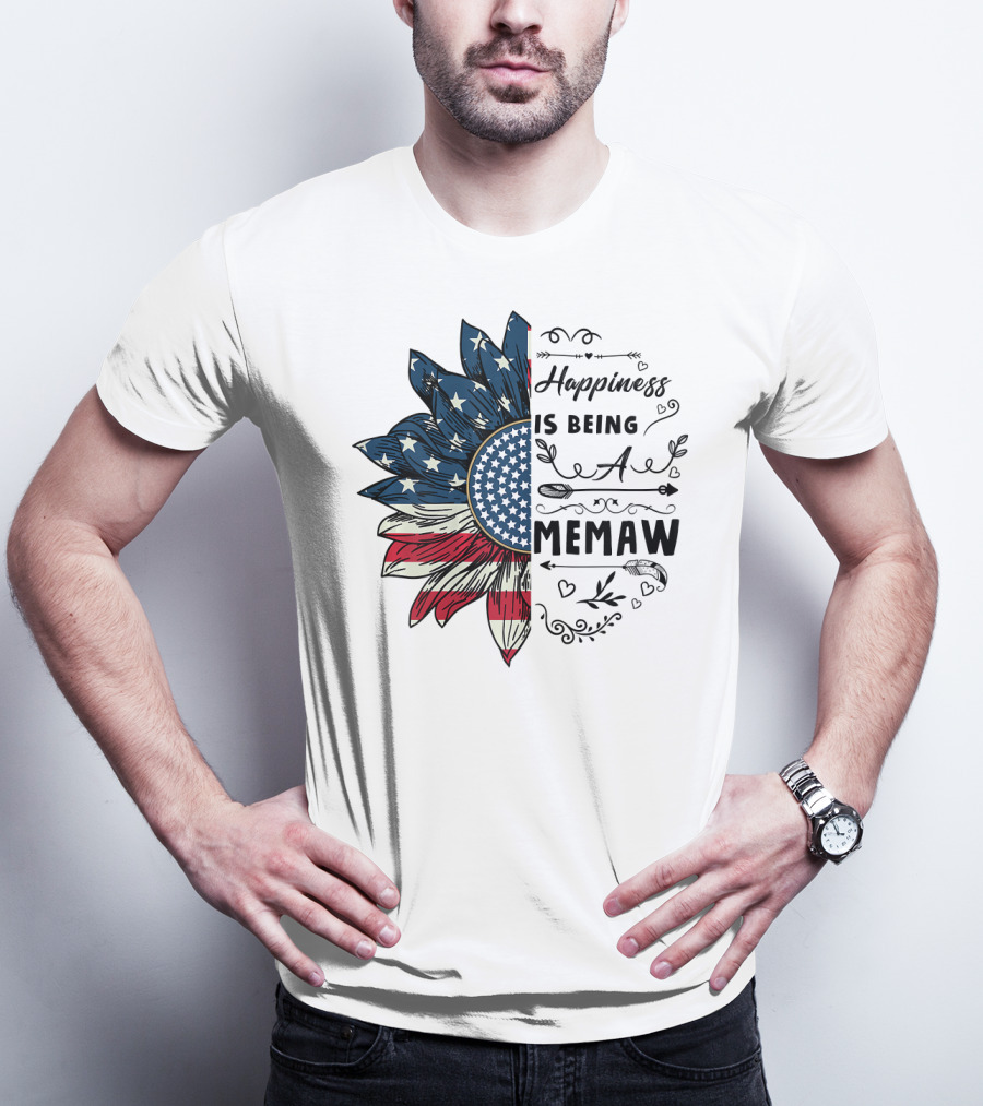 Happiness Is Being A Memaw Sunflower American Flag T-Shirt