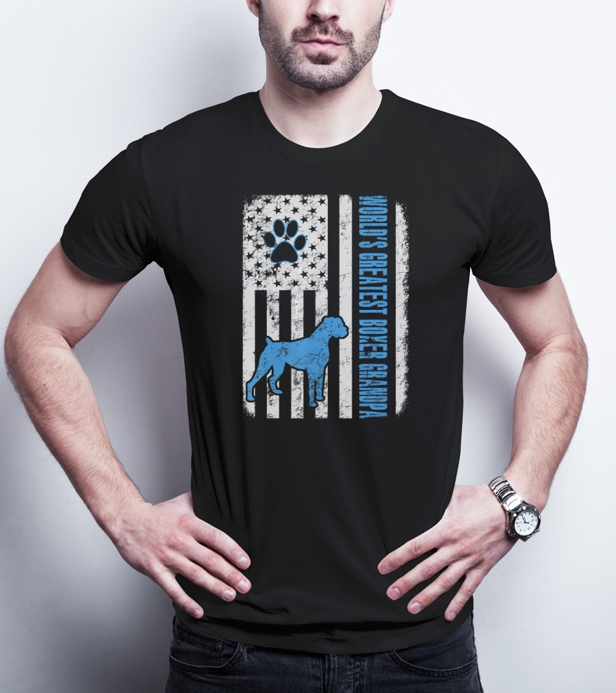 World's Greatest Boxer Grandpa American Flag Dog Paw Prints T-Shirt