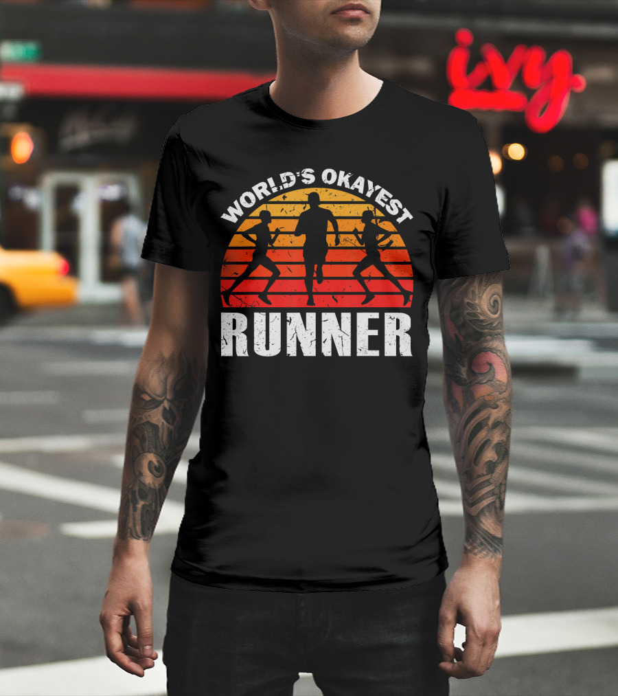 World's Okayest Runner Sunset Silhouette Sprinting Marathon T-Shirt