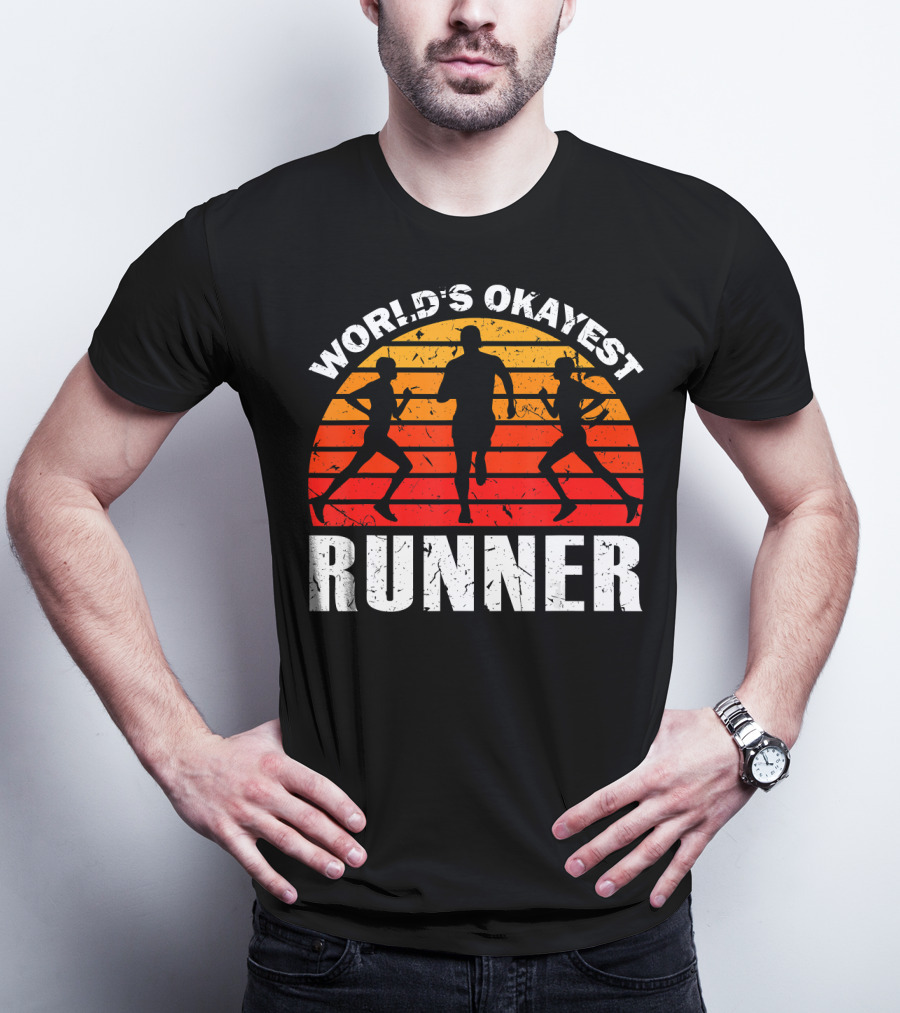 World's Okayest Runner Sunset Silhouette Sprinting Marathon T-Shirt