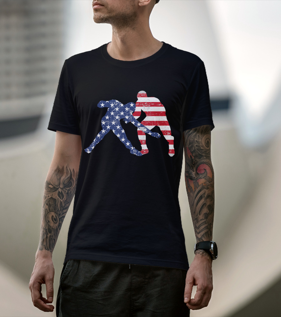 Wrestling Dual Silhouette With US Flag Stars And Stripes For Fourth Of July T-Shirt