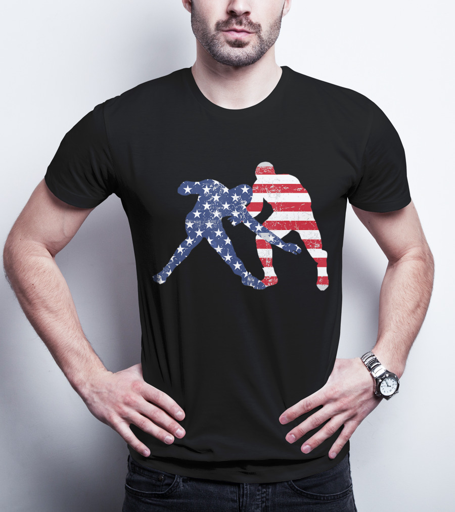 Wrestling Dual Silhouette With US Flag Stars And Stripes For Fourth Of July T-Shirt