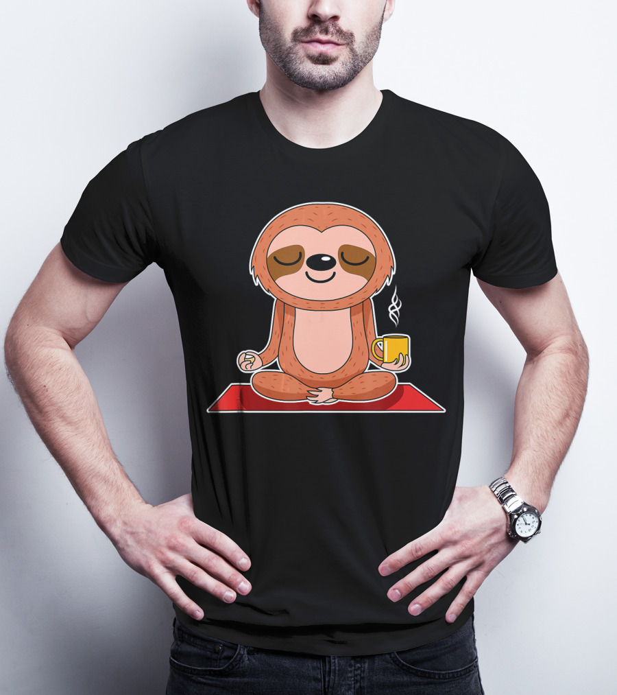 Yoga Sloth Funny Workout Fitness Casual Relaxing Meditation With Coffee T-Shirt