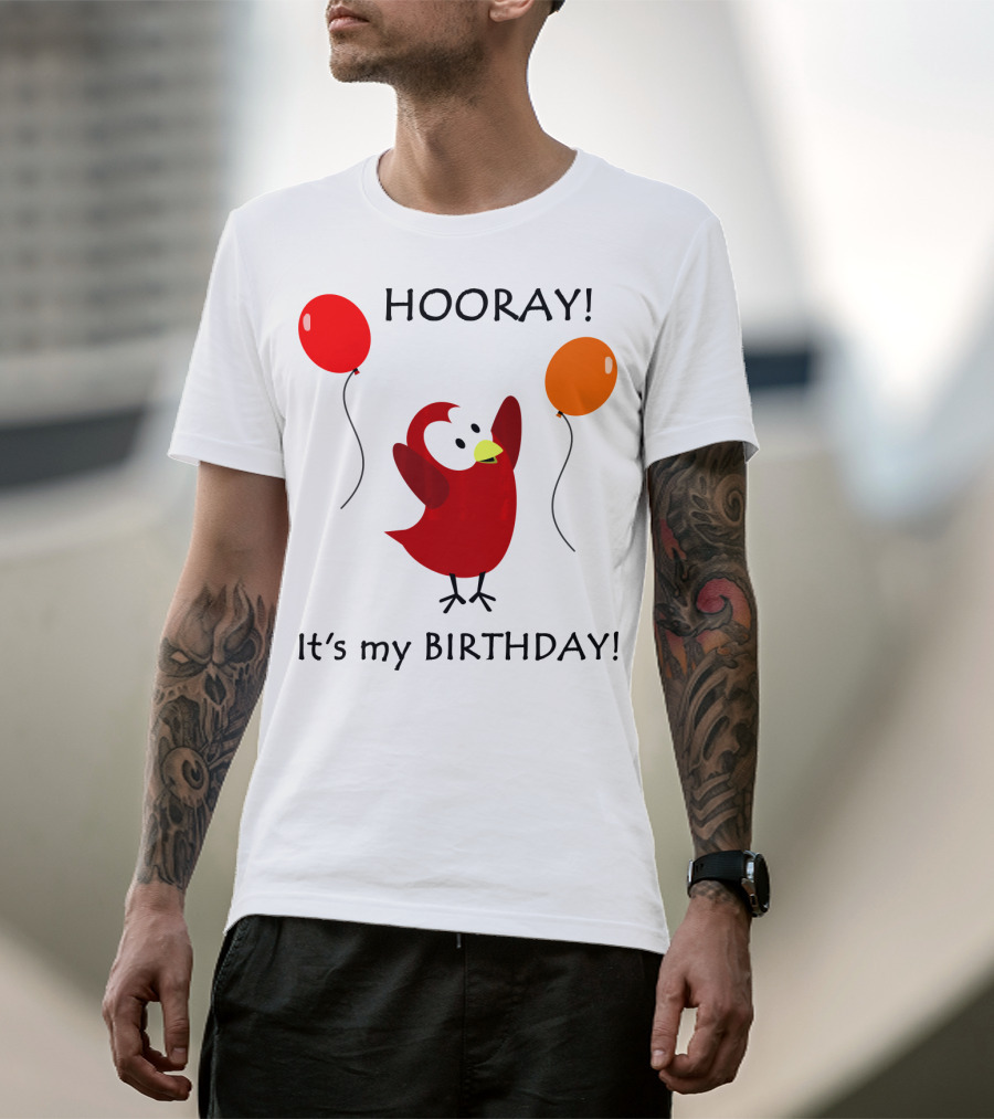 Hooray It's My Birthday Sammy Bird With Red And Orange Balloons T-Shirt