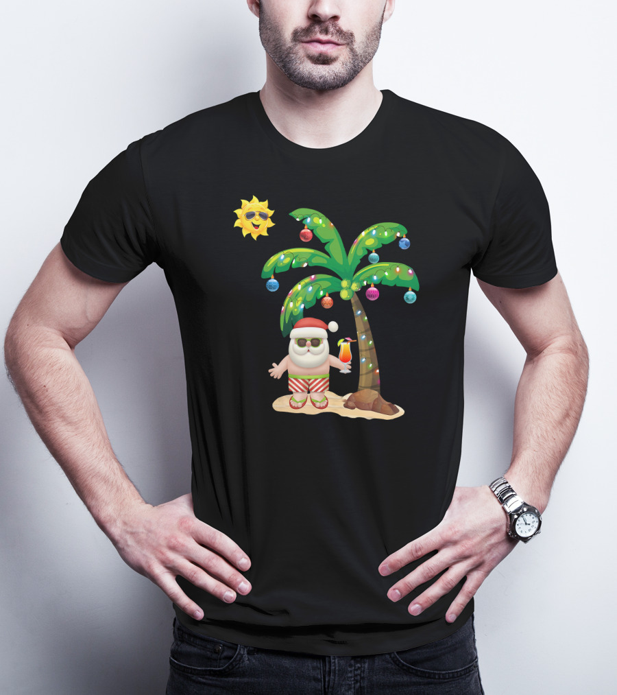Summer Santa Claus Christmas Mele Tropical Palm Tree Festive Cocktail T-Shirt