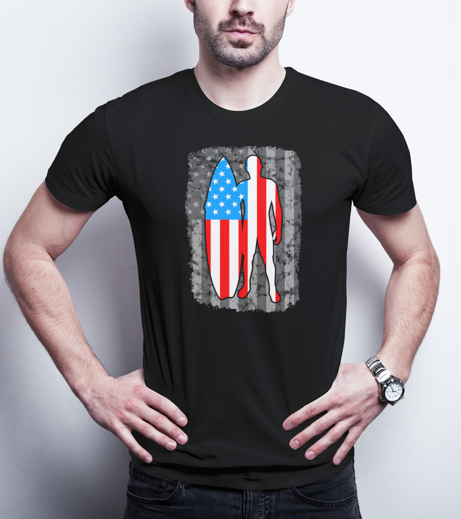 Vintage American Flag Surfing Silhouette United States T-Shirt