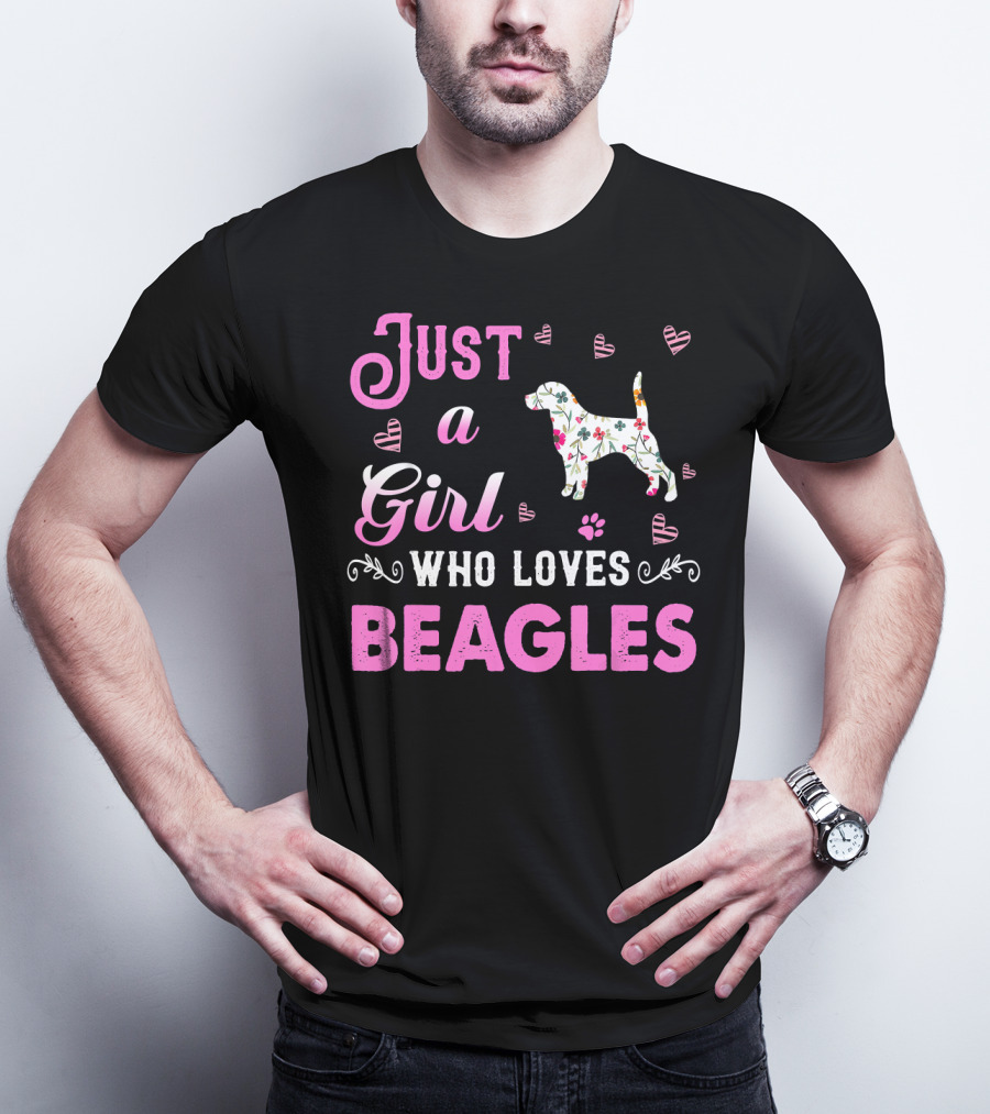 Just A Girl Who Loves Beagles With Floral Dog And Pink Hearts T-Shirt