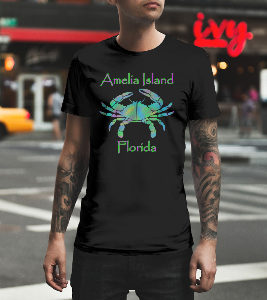 Amelia Island Florida Holographic Blue Crab T-Shirt