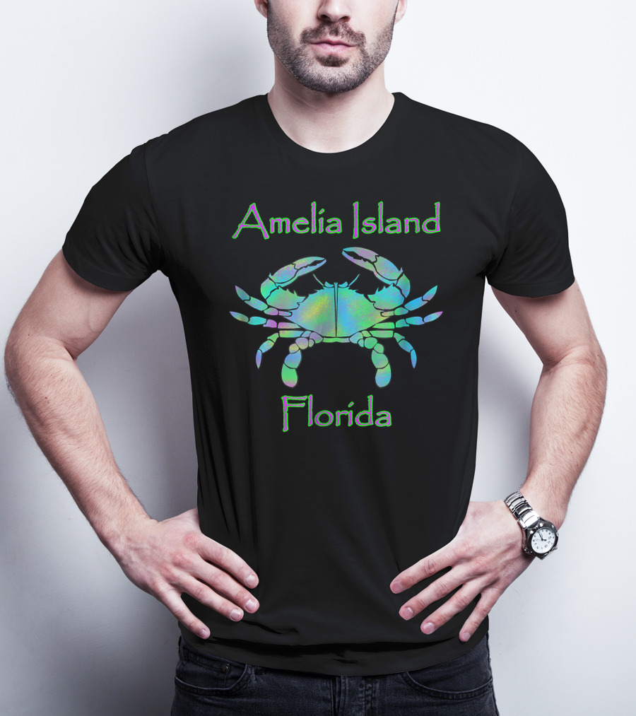 Amelia Island Florida Holographic Blue Crab T-Shirt