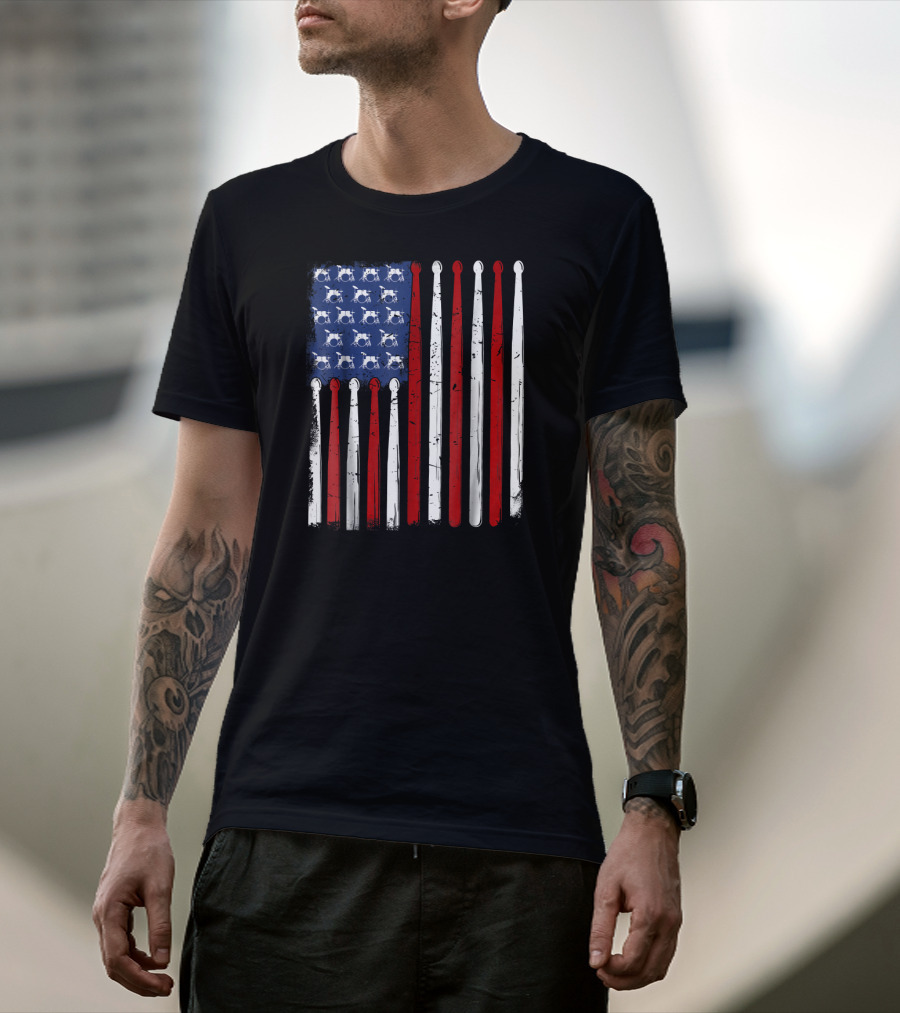 American Flag Made Of Drumsticks Vintage Drummer T-Shirt